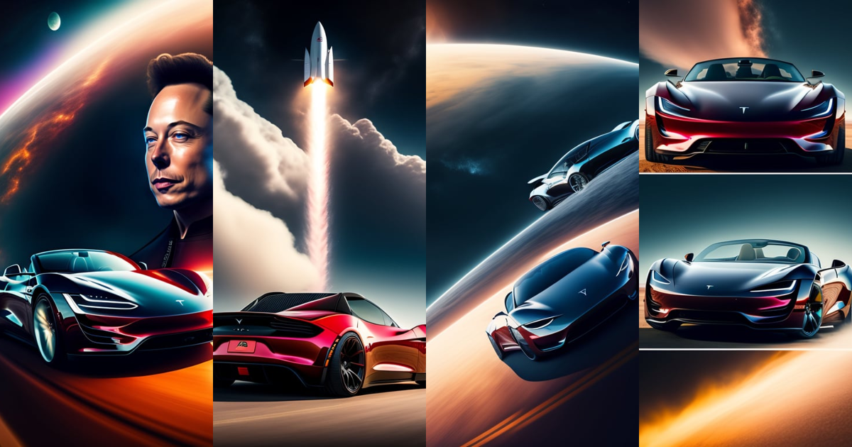 Lexica - Elon musk in a convertible tesla roadster in space strapped to ...