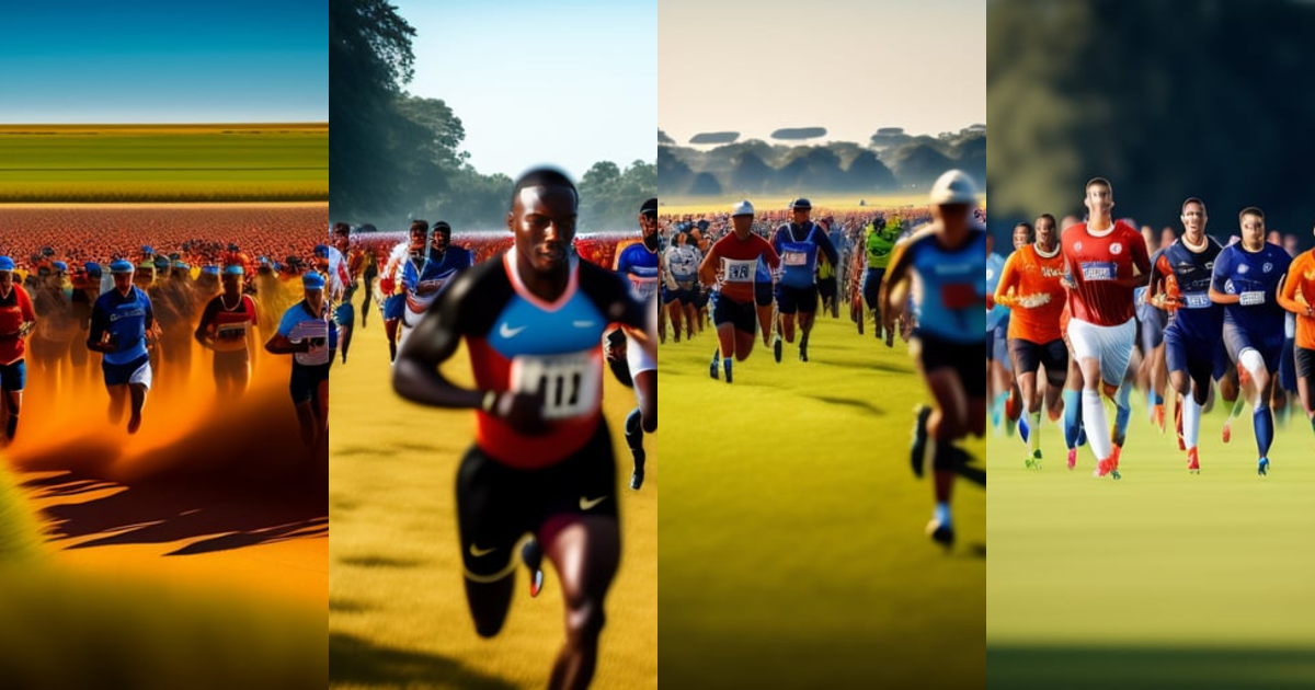 Lexica - A lot of men and women chasing, front view, grass ground, sun ...