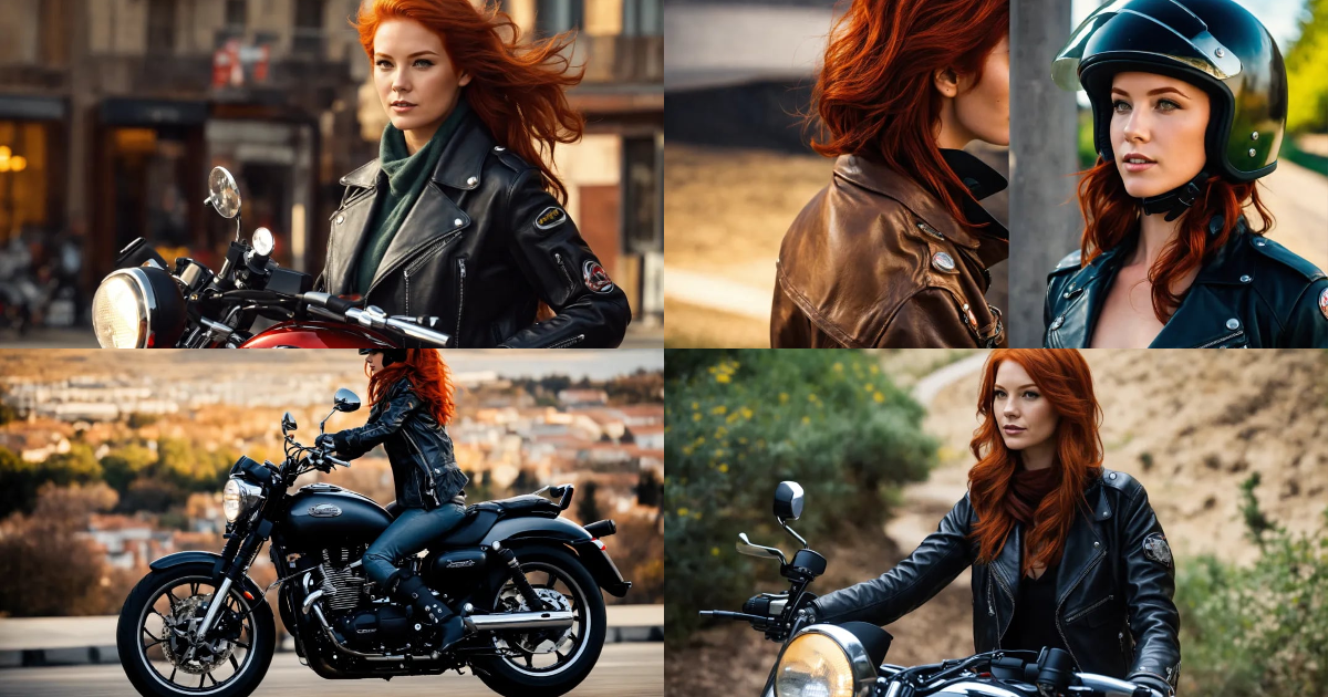 Lexica - Generate images of a redhead woman dressed as a motorcyclist ...