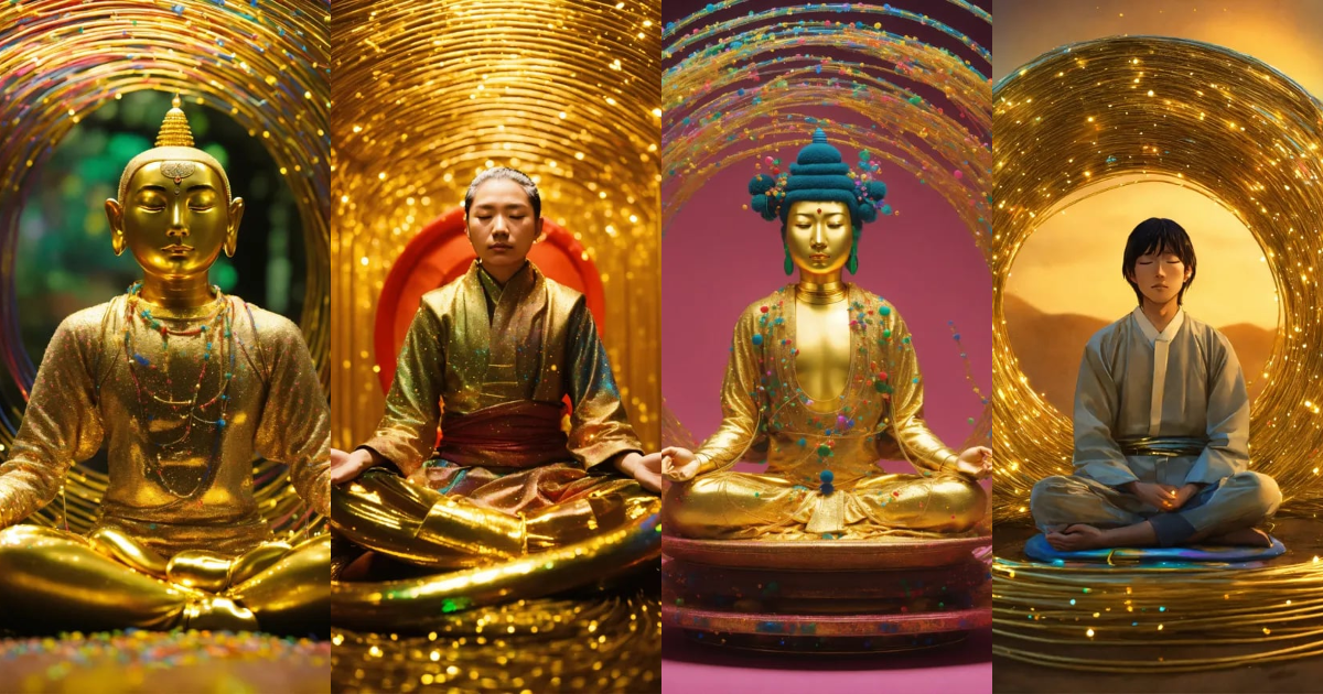 Lexica - The most time traveler meditating in the style of a gold ...