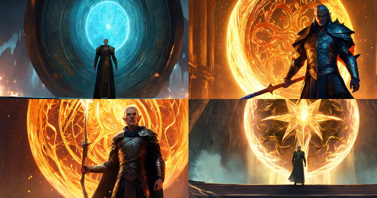 Lexica - Create a elder elf god in a heroic pose, standing in front of ...