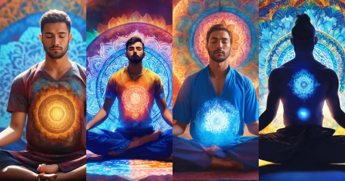 Lexica - Man meditating, shirt open, blue heartlight, photo realistic ...