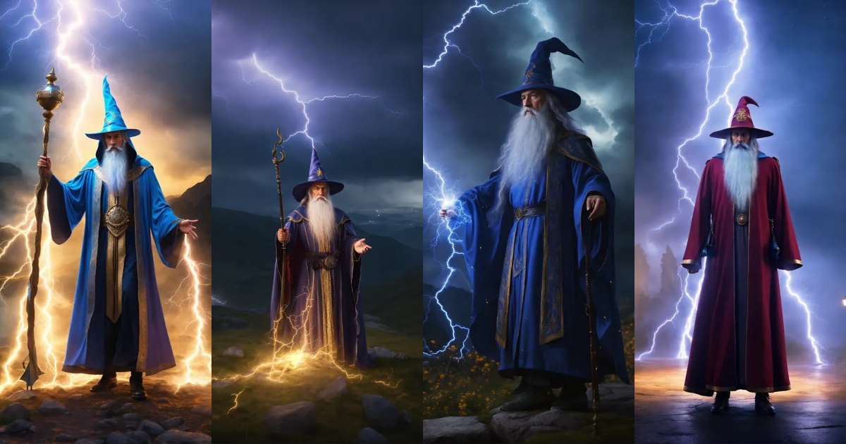 Lexica - Realistic wizard full body in a mystical world lightning ...