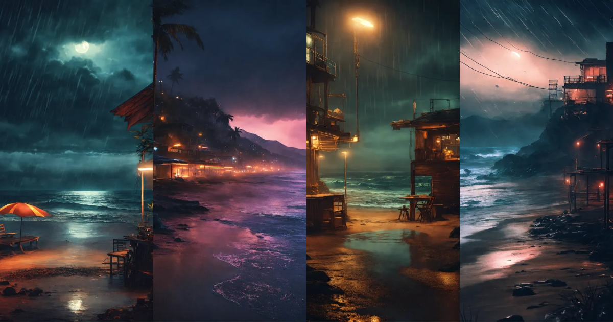 Lexica - Beautiful cozy beach view of a cyberpunk beach at night ...