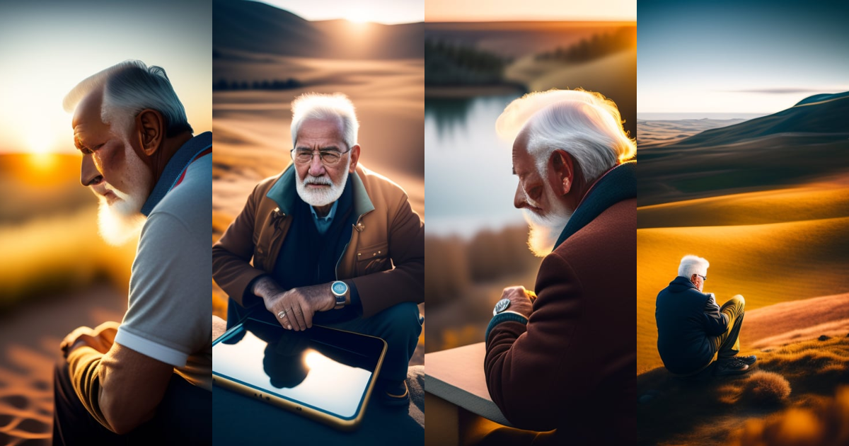 Lexica - Old man sitting ipad shot from top behind golden light