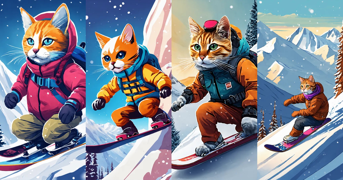 Lexica - Design an image of a cat as an extreme snowboarder, carving ...