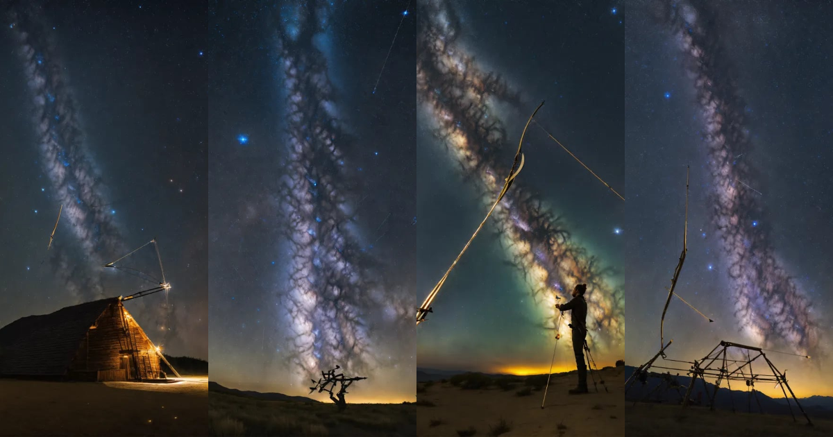 Lexica - Wide view of a huge Bow and Arrow made of stars like a new ...