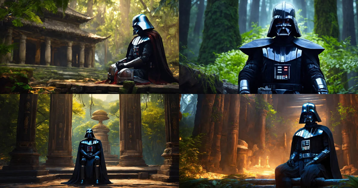 Lexica - Darth malgus, robotic mask, meditating, in a temple, ruins ...