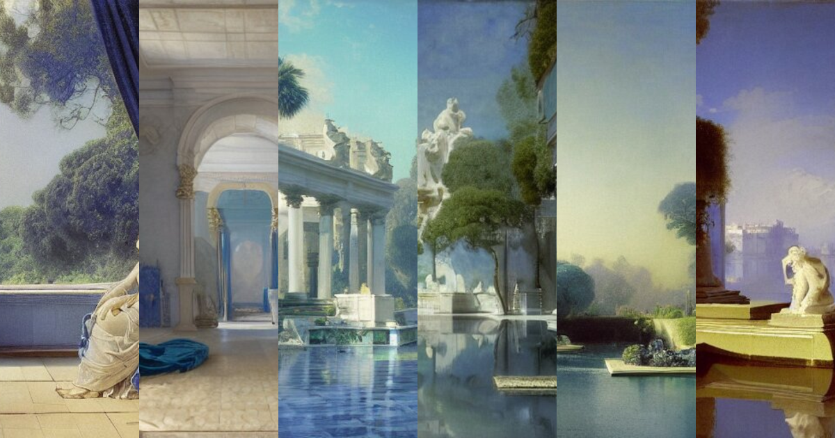 Lexica - Gardens of marble draped in flowing sheets of cobalt blue ...
