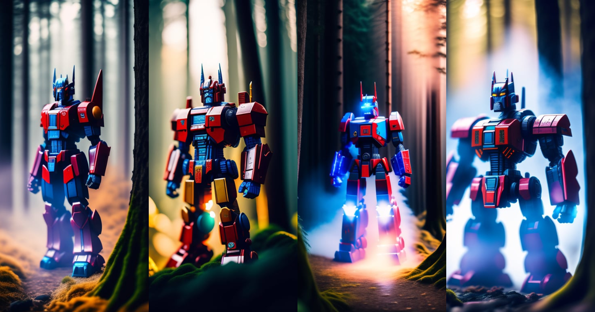 Lexica - Photography of optimus prime in action pose in the forest with ...