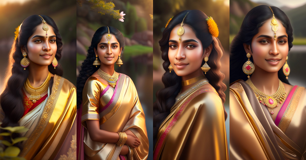 Lexica - Portrait of 1 pure young India woman, standing by a river in ...
