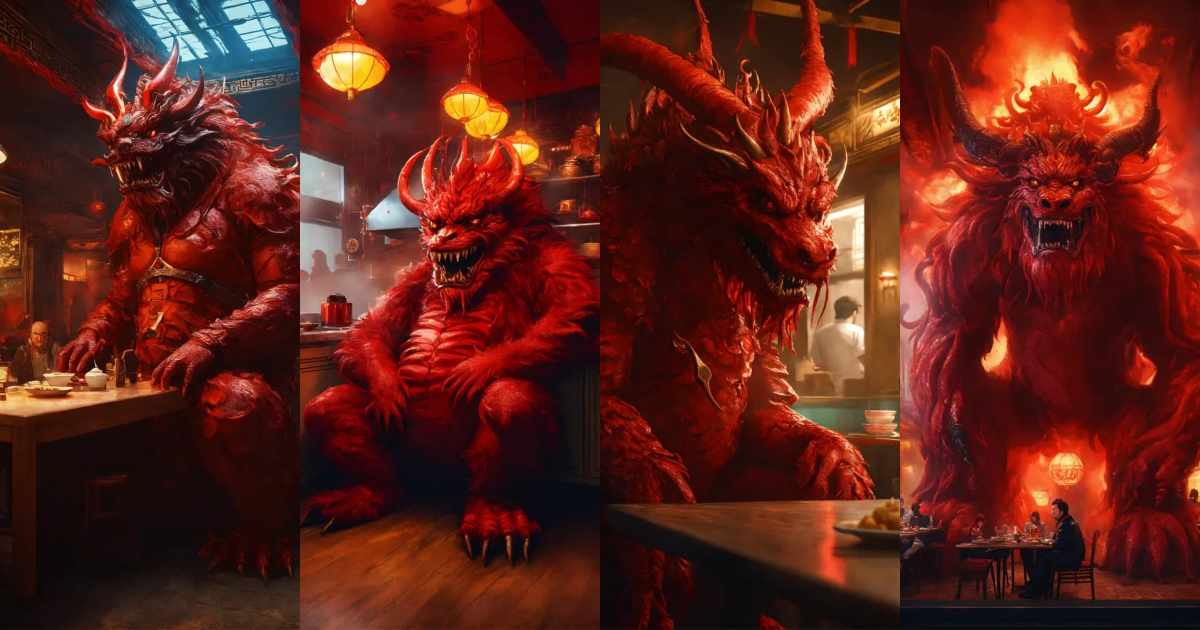 Lexica - A huge red chinese monster is sitting in front of a kitchen ...
