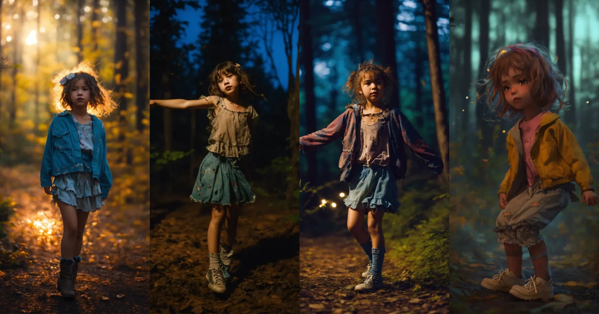 Lexica - Small sad girl, wearing tattered clothes, dancing in a forest ...