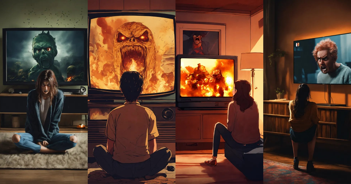 Lexica - A scared and angry person watching a TV with distressing ...