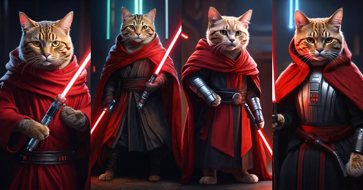 Lexica - Anthropomorphic cat in a Sith robe and with a red lightsaber in their paw, highly ...