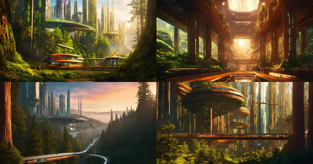 Lexica - A futuristic sci-fi city inside a redwood forest