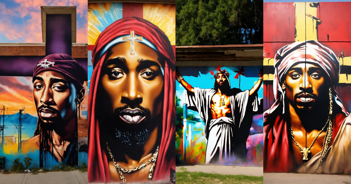 Lexica - Tupac as Jesus on the cross Aerosol mural by Griffin One.com