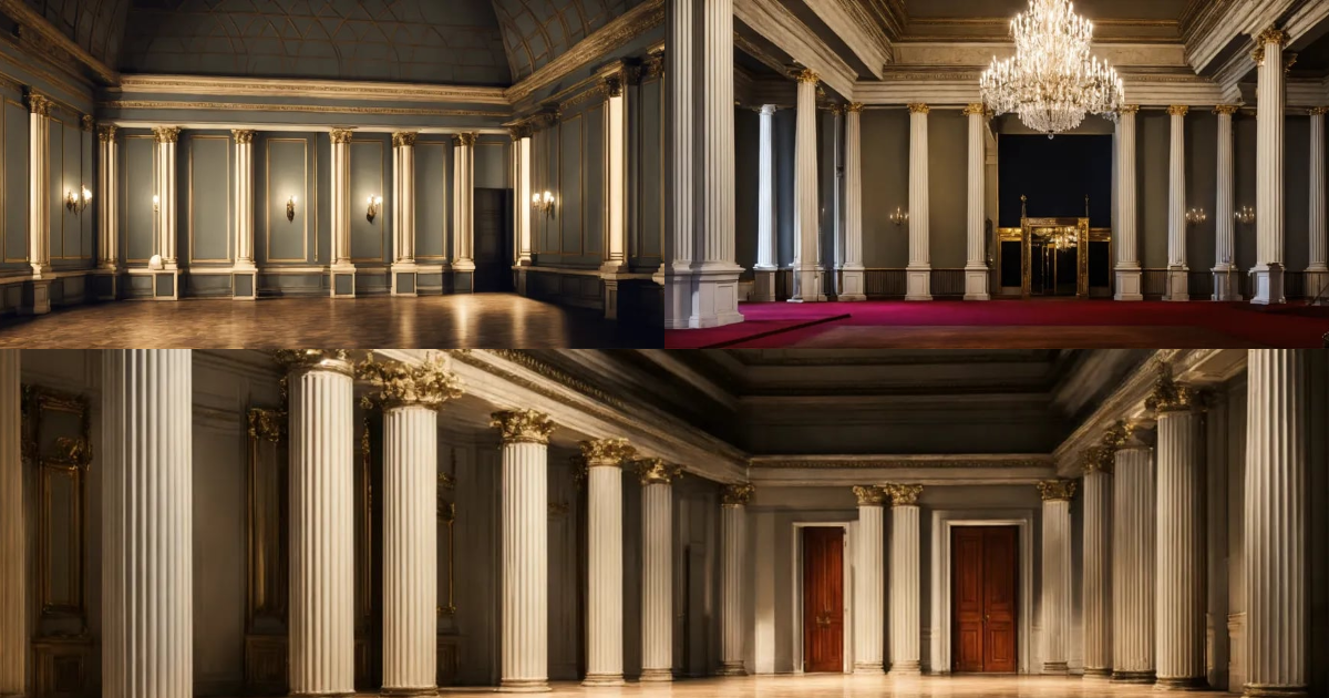 Lexica - White columns gray walls ballroom at night in the era of ...