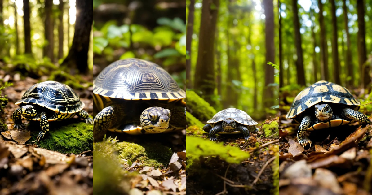 Lexica - A small terrapin with a checkerboard shell crawling in the forest.