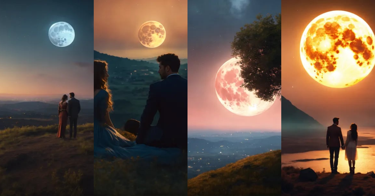 Lexica - A couple having romance in front of an artistic huge moon on a hill, smoky mood ...