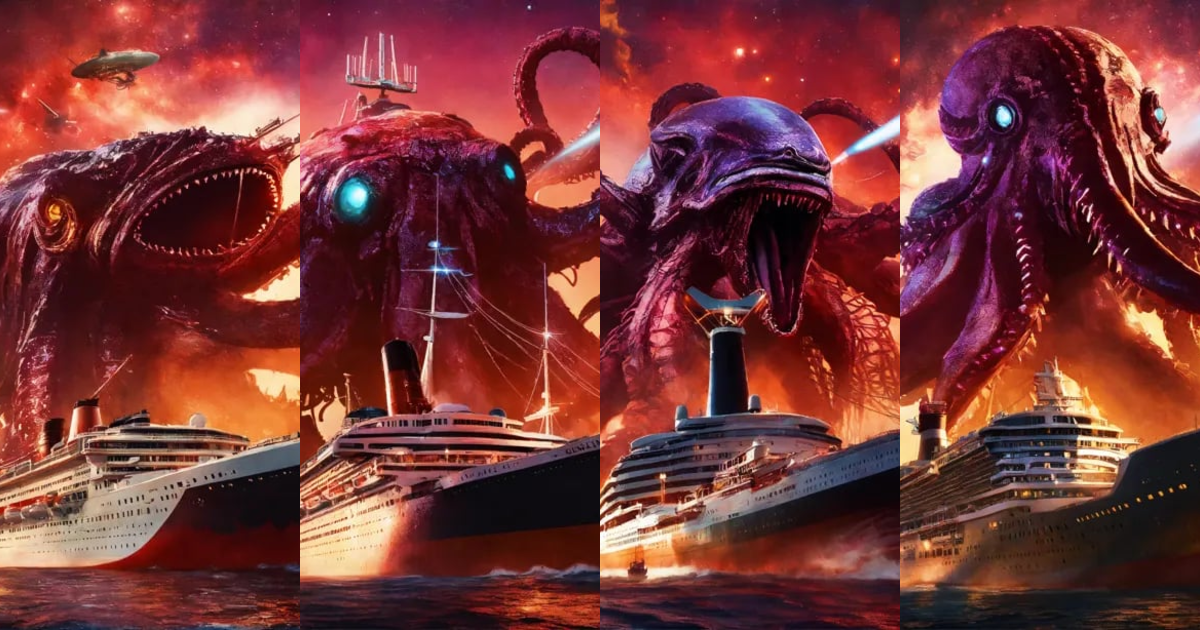 Lexica - Space kraken attacking cruiseship in space, movie poster. The text "SHIP IT" is in bold ...
