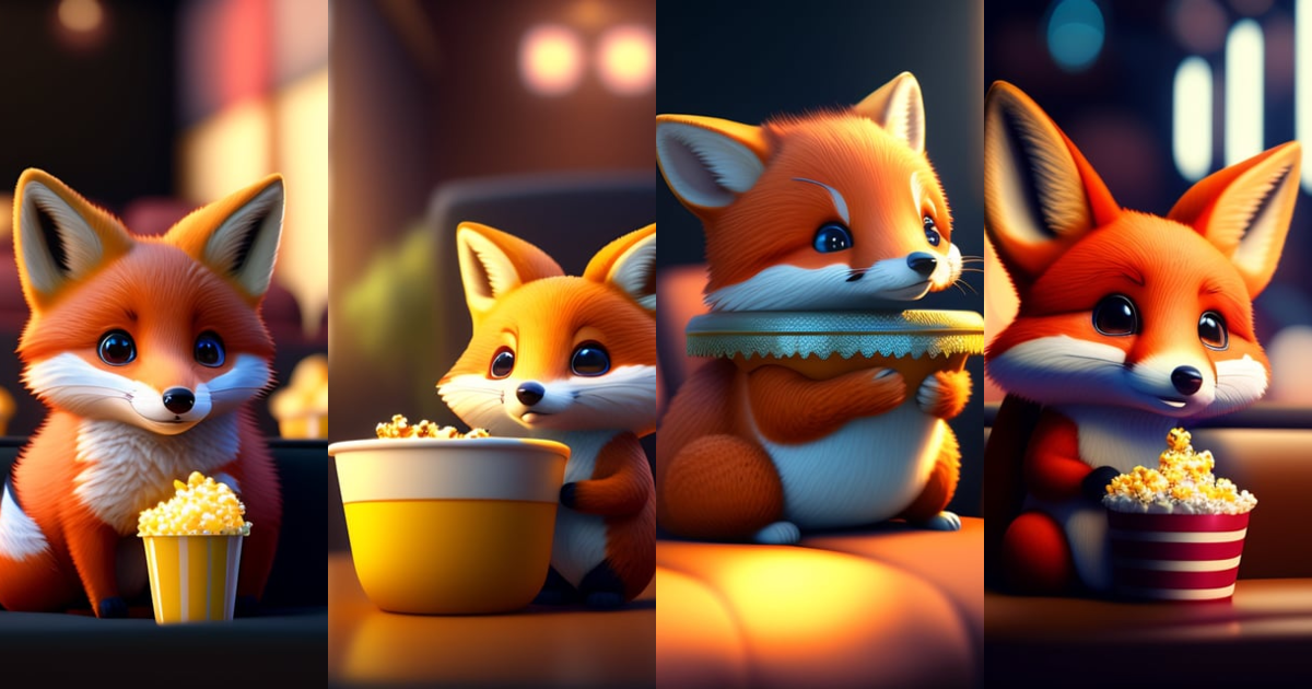 Lexica - Cute small Fox sitting in a movie theater eating popcorn ...
