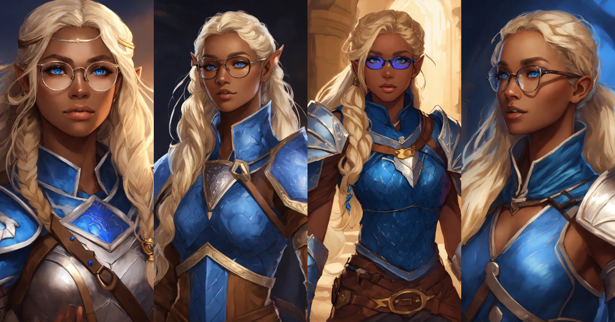Lexica - A very brown skinned half elf woman, wearing glasses with deep ...
