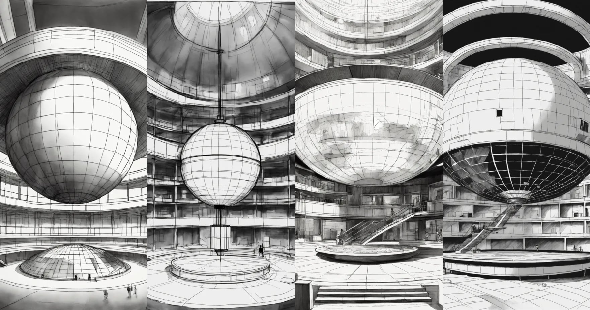 Lexica - A black and white sketch of an indoor spherical room, massive ...