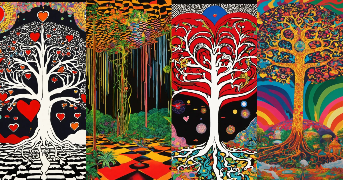 Lexica - Janpanse groovy retro poster ,tree of life merging with love ...