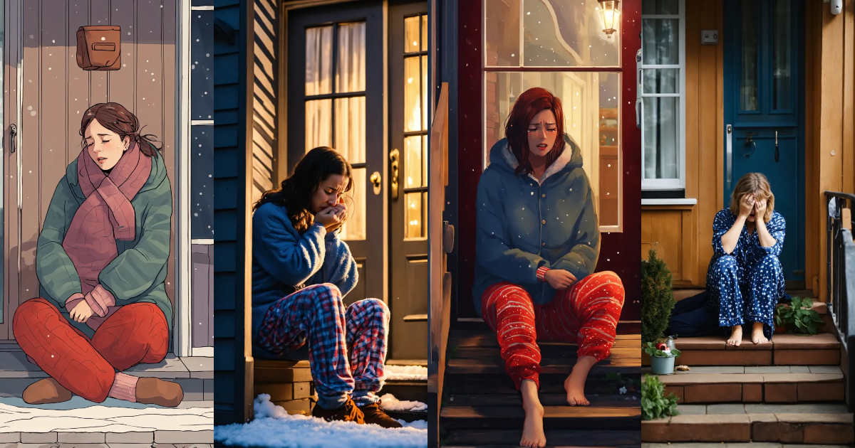 Lexica - A woman is sitting on the doorstep of a house outside in the ...