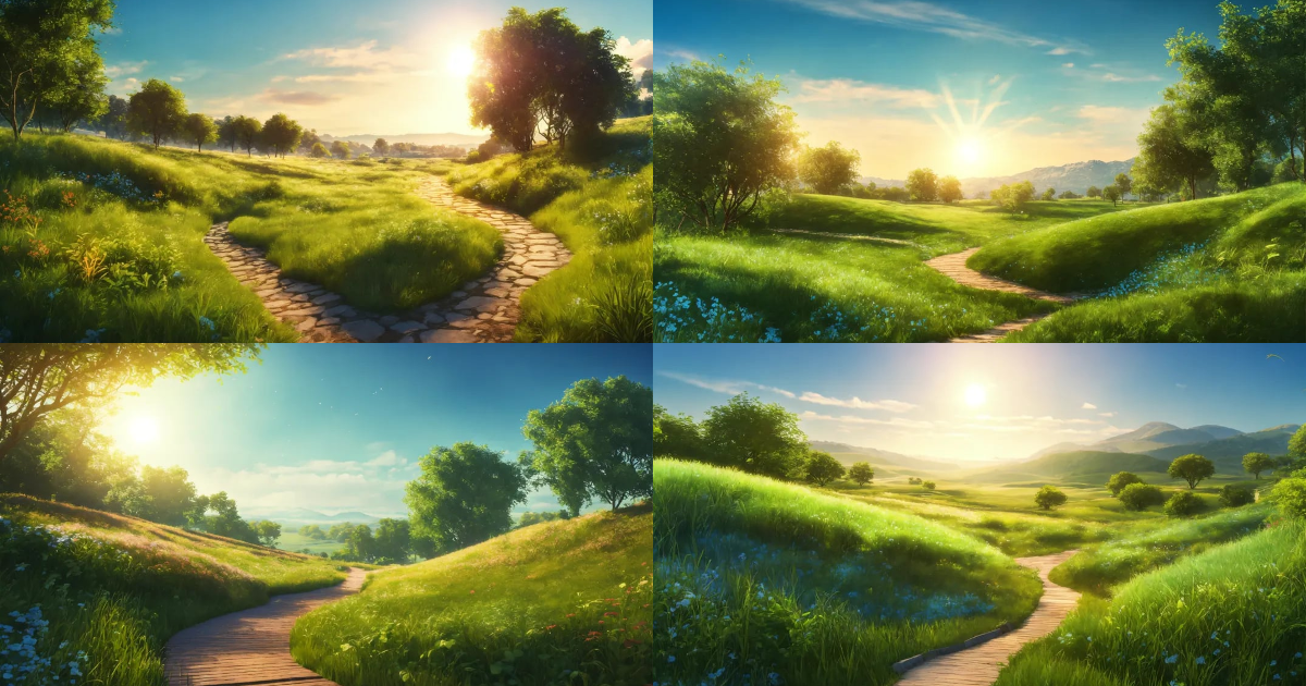 Lexica - Detailed landscape of grass and vegetation, paths, blue sky ...