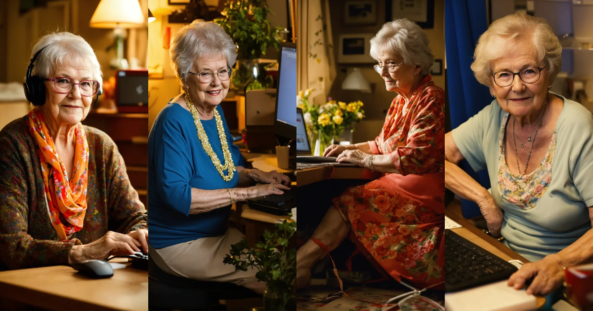 Lexica - British grandma, aged 70, she is sat at her computer looking ...