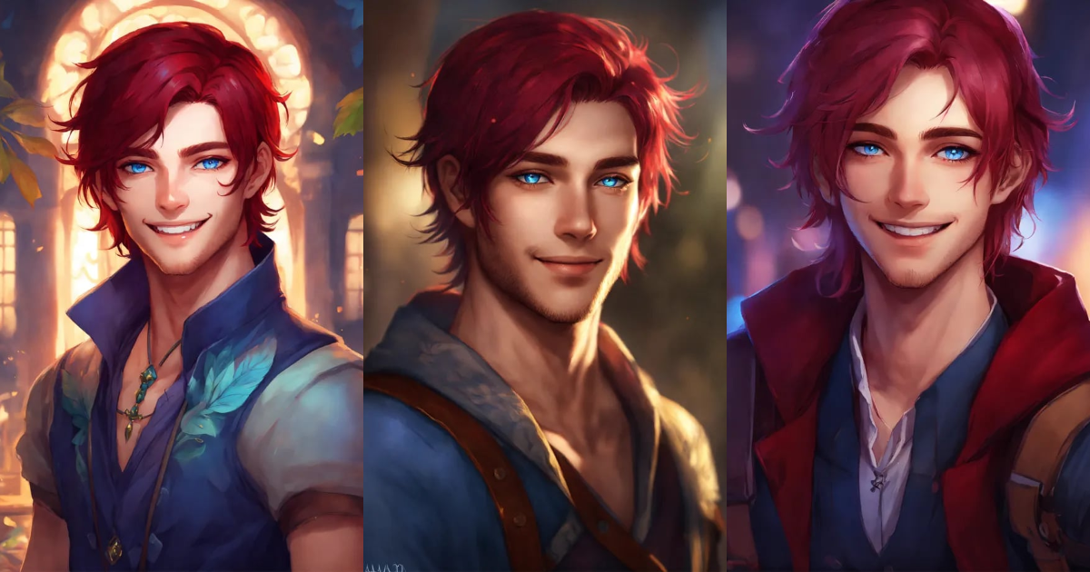 Lexica - Fae Male, maroon hair, blue eyes, smiling