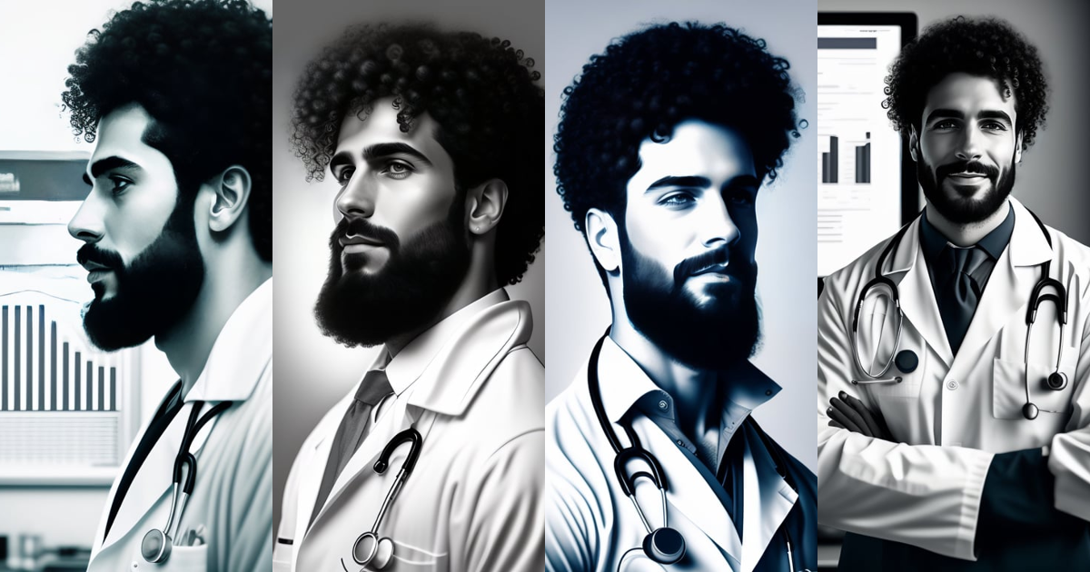 Lexica - Male doctor, rough curly hair, scruffy beard, lab coat, black ...