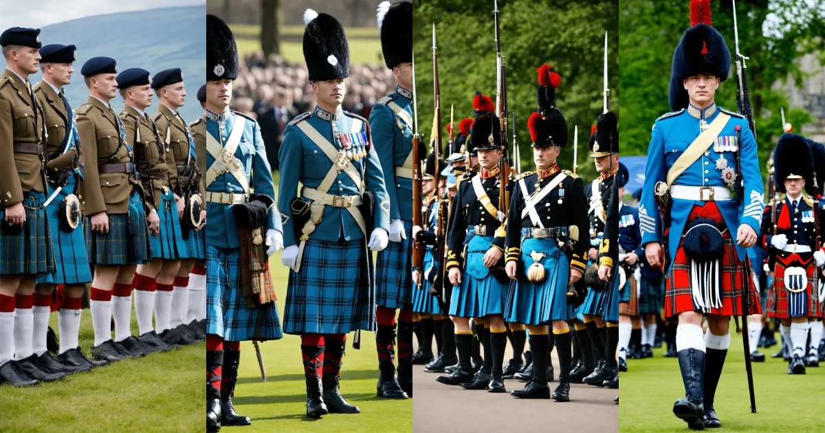 Lexica - Scottish soldiers wearing kilts, and sky blue ceremonial uniforms