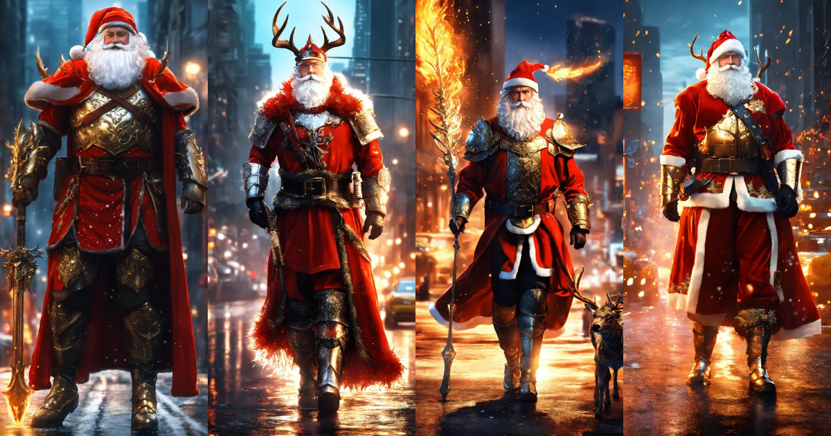 Lexica - ((Santa Claus in armor walks down the street of a modern night ...
