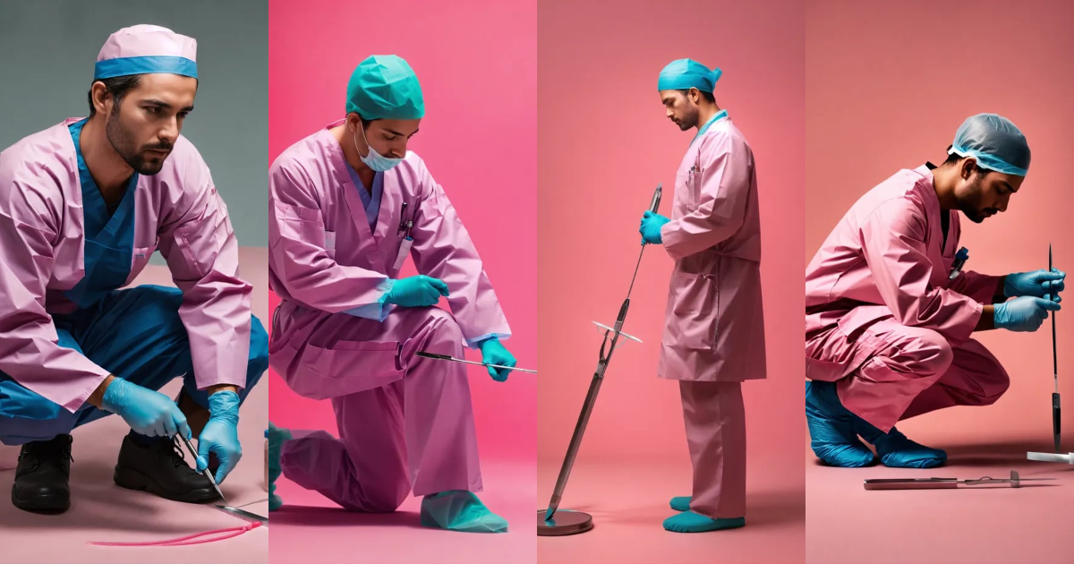 Lexica - A crouching surgeon in profile holds a scalpel. Full length ...