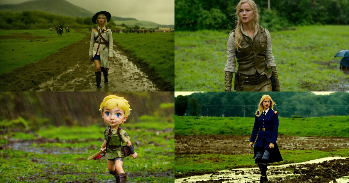 Lexica - Young blonde marches in marching outfit through the mud in the rain
