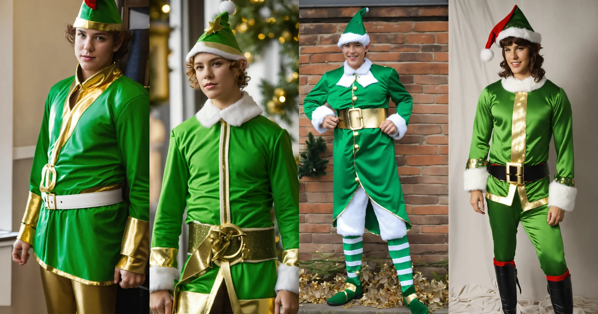Lexica - Christmas elf costume, gold belt, green and white, close up,