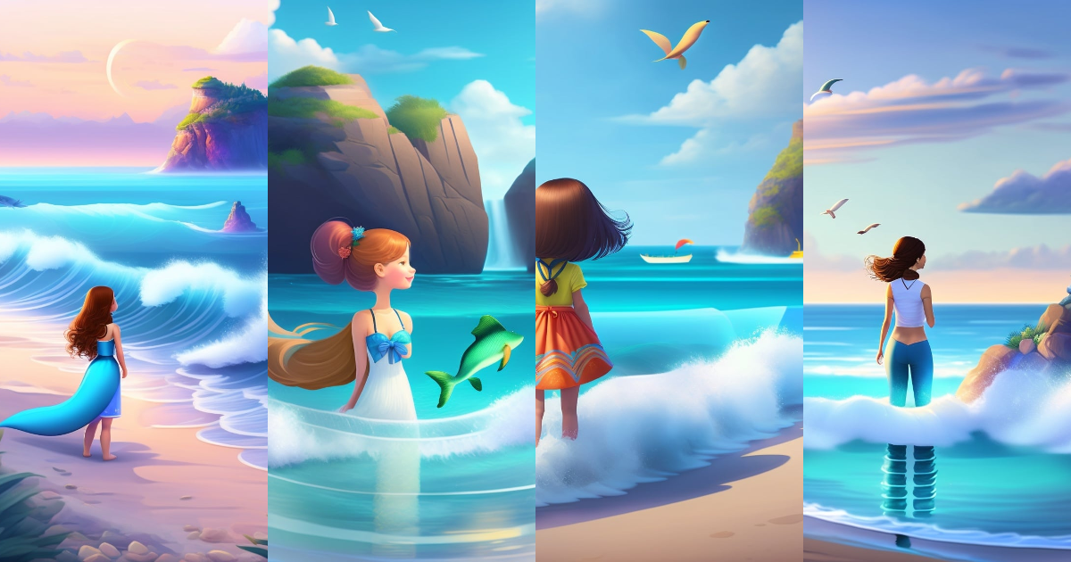 Lexica - A girl seeing a mermaid on the beach, 2d animation