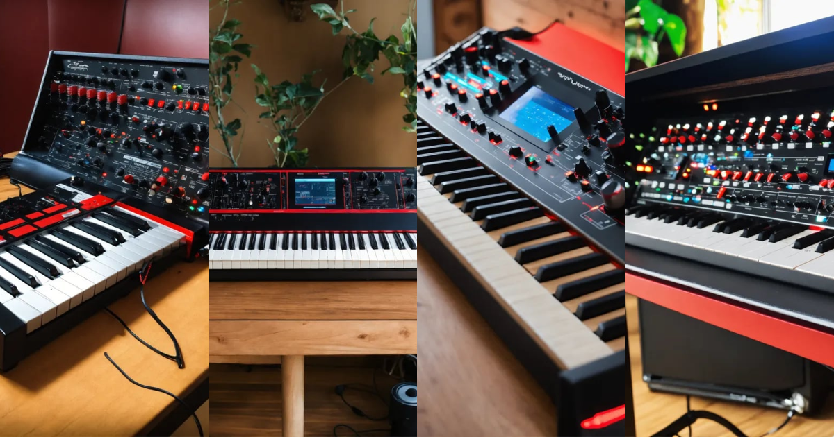 Lexica - A photo of a synthesizer. The synthesizer is black with red ...