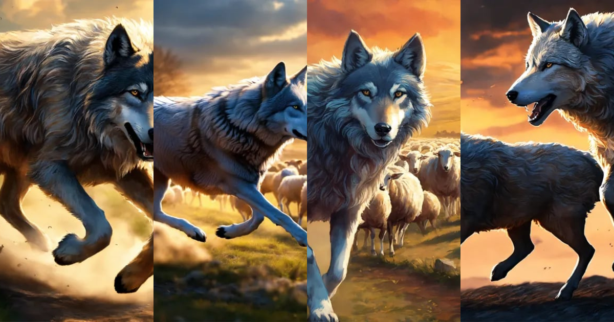 Lexica - Very high detailed 2d illustration of wolf chasing sheep's