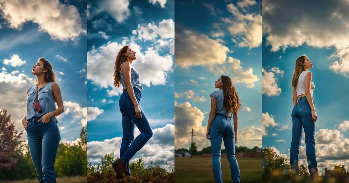 Lexica - American woman in blue Jeans, standing outside, looking up at ...
