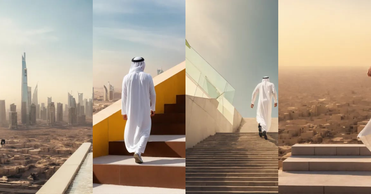 Lexica - Saudi man climbing up six steps only, white costume, Saudi ...