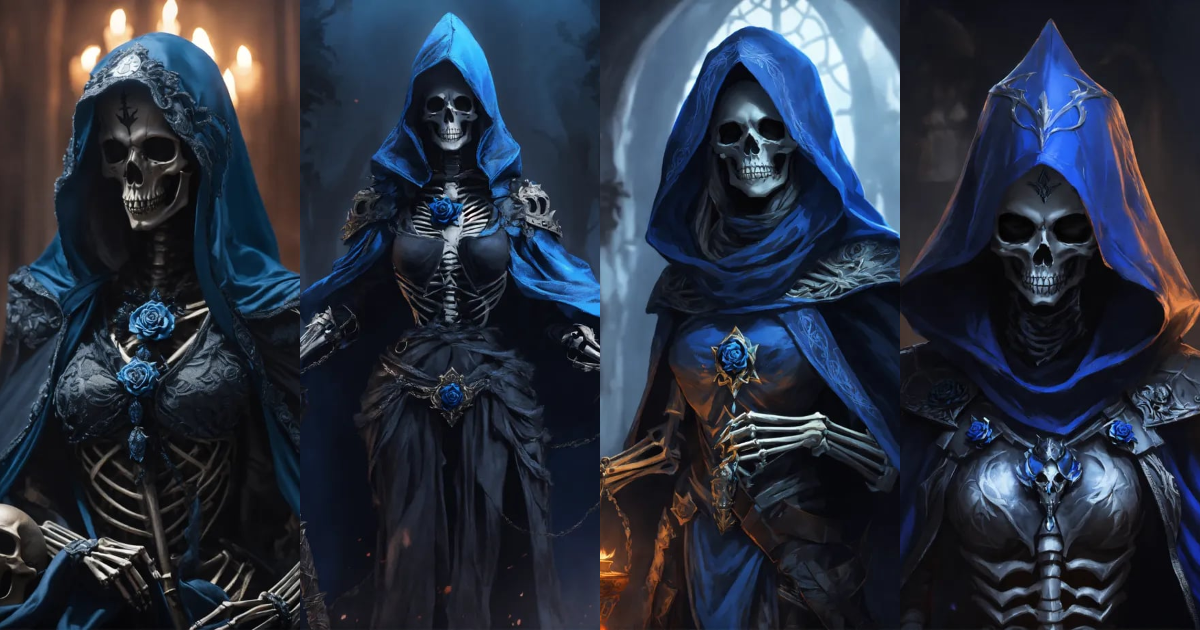 Lexica - Skeleton Lich queen with a hood up and charcoal silk garbs ...