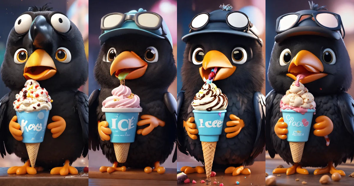 Lexica - A cute 3D crow-like character eating ice-cream, charming ...