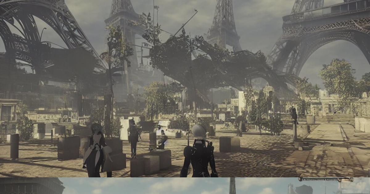 Lexica - Screenshot from Nier Automata, near the Eiffel tower in Paris