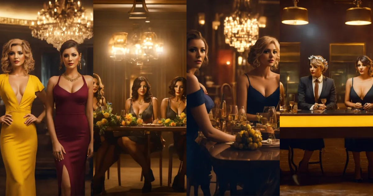 Lexica - Creative photoshoot of calendar girls group with in mafia style, night interior, mood ...