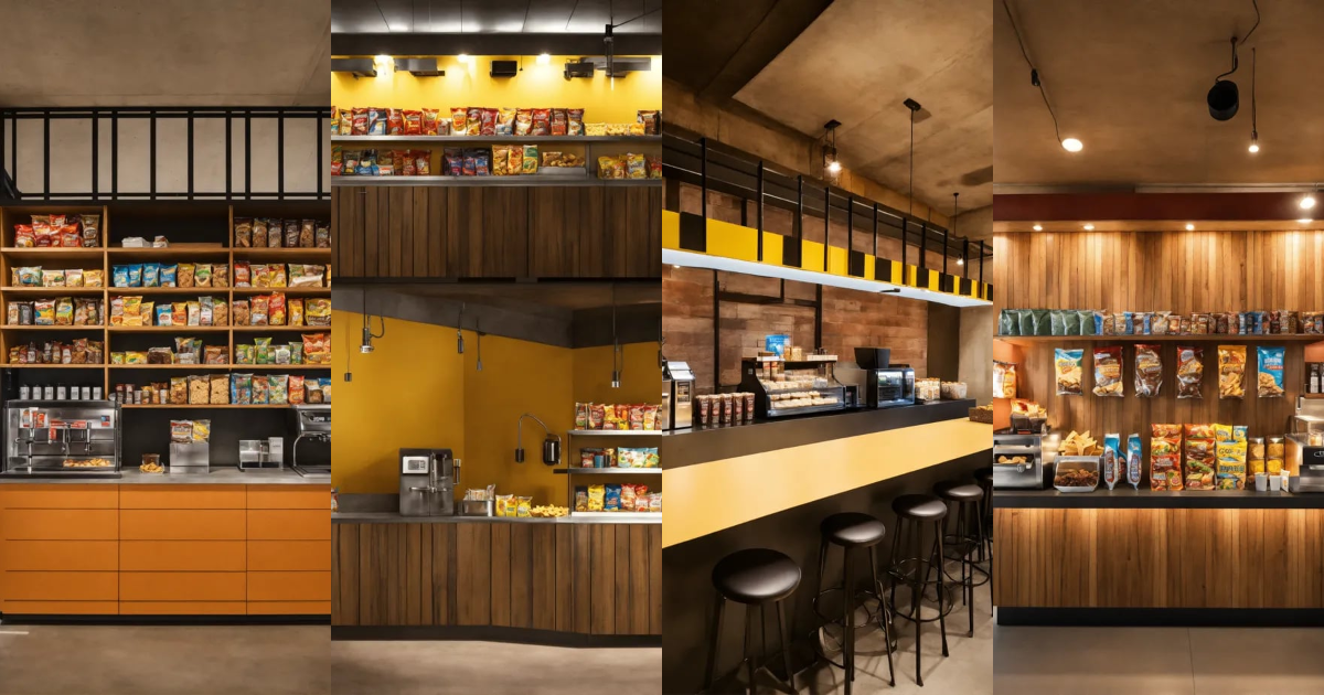 Lexica - A self serve breakroom snack bar with snacks on an easy to reach shelf for employees to ...