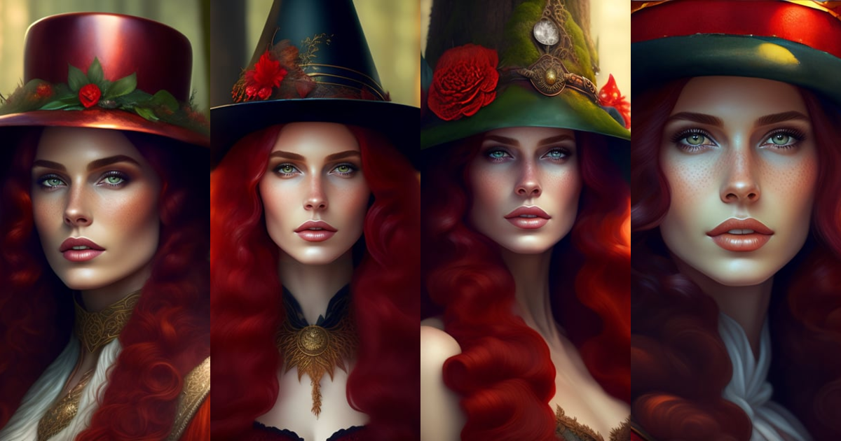 Lexica - Beautiful witch portrait, big red curls, freckles, witch hat ...